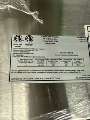 Captive-Aire Type: II Condensate Hood With Make-up Air Plenum | eBay