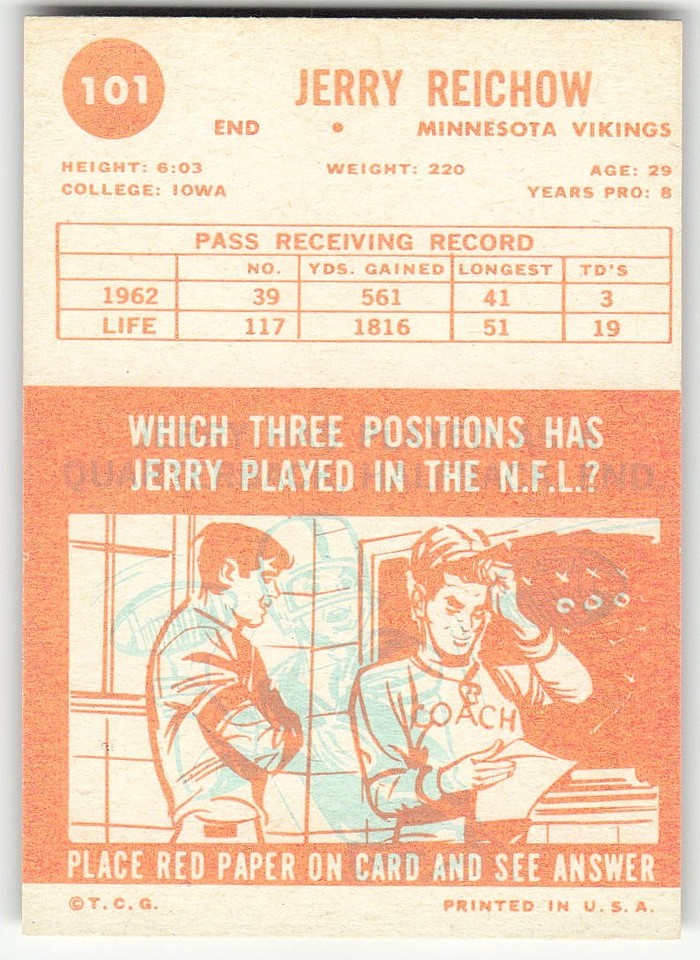 1963 Topps #101 Jerry Reichow FOOTBALL Minnesota Vikings | eBay