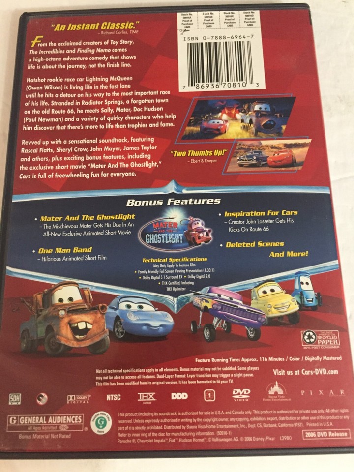 Disney Cars DVD Full Screen Ships Free Same Day With Tracking | eBay