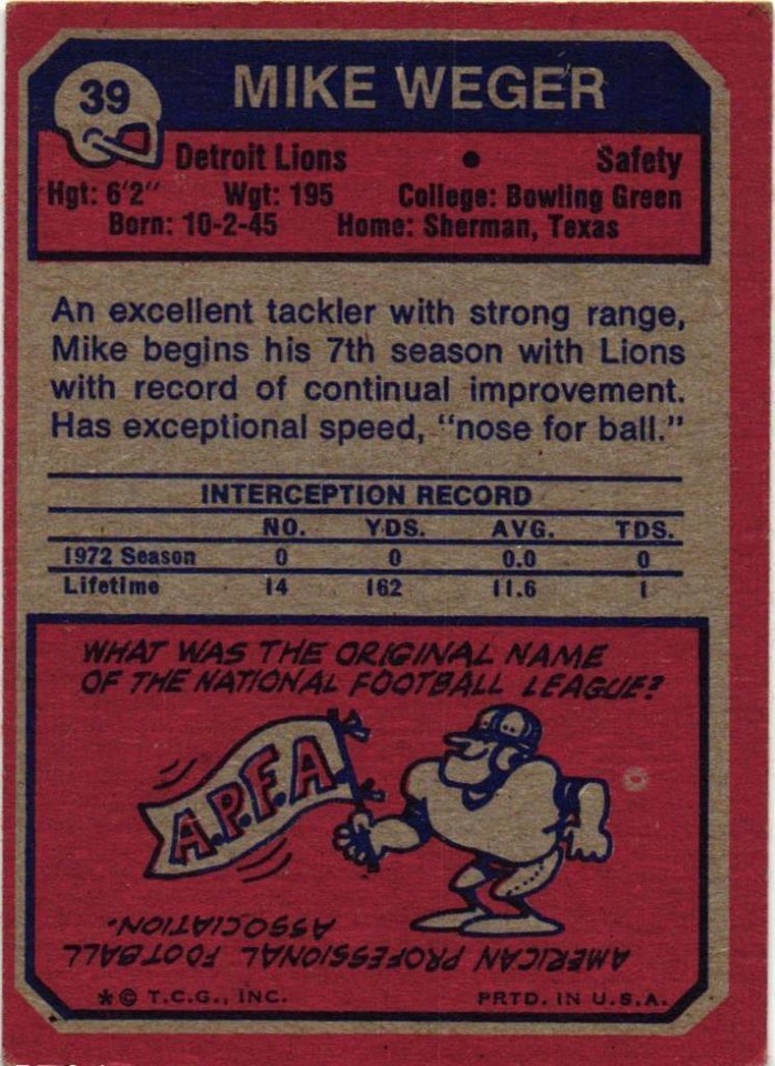 MIKE WEGER 1973 Topps FB #39 FREE SHIP 50% OFF B1001R2S22P6 | eBay