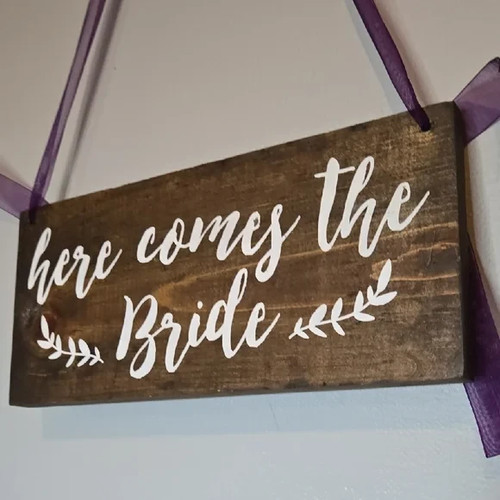 Rustic Wooden 'Here Comes the Bride' Sign, Ribbon For Hanging | eBay