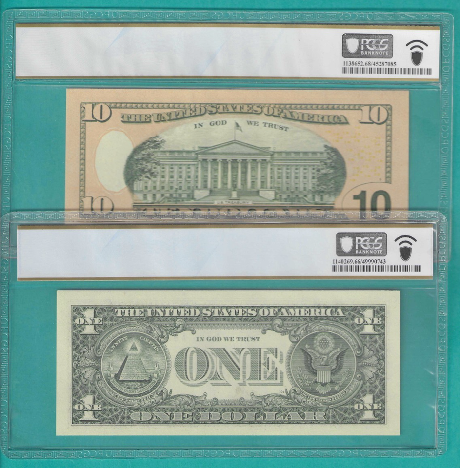 $1 and $10 2X Matching Serial Number SOLID 6s 66666631 PCGS Graded 66/ ...