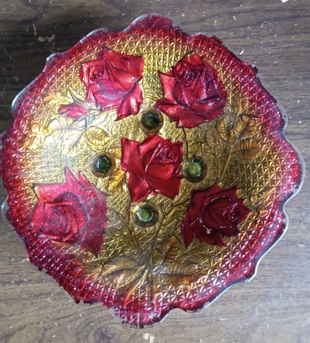 Antique Goofus Glass Intaglio Red & Gold Rose Design Footed Bowl 9" | eBay