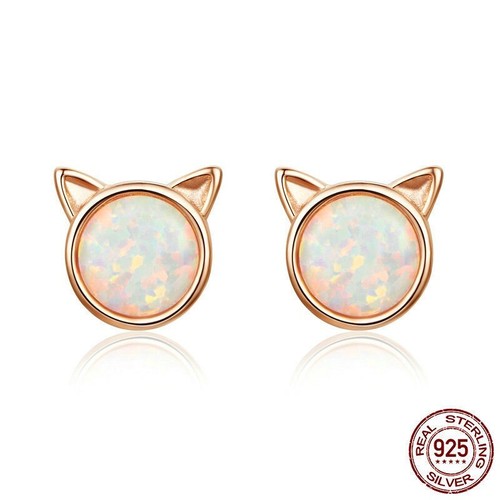 Rose Gold Fire White Opal Cat Stud Earrings S925 Silver Filled For Women Girls | eBay