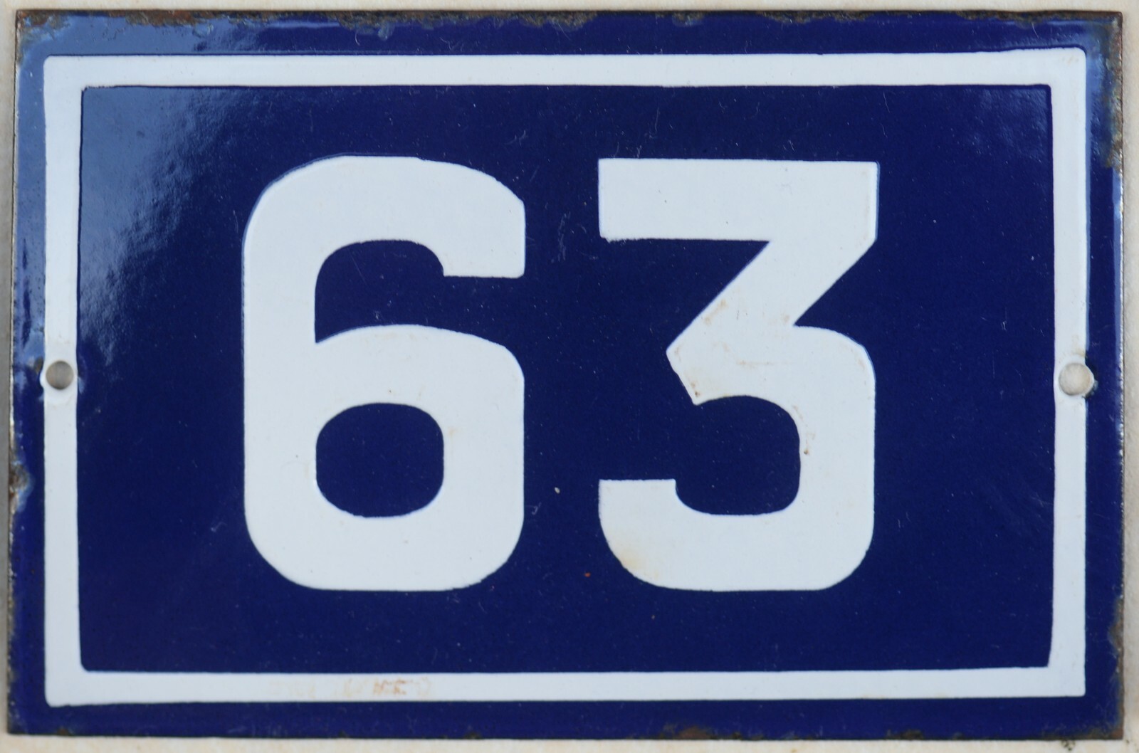 Old blue French house number 63 door gate wall fence street sign plate ...