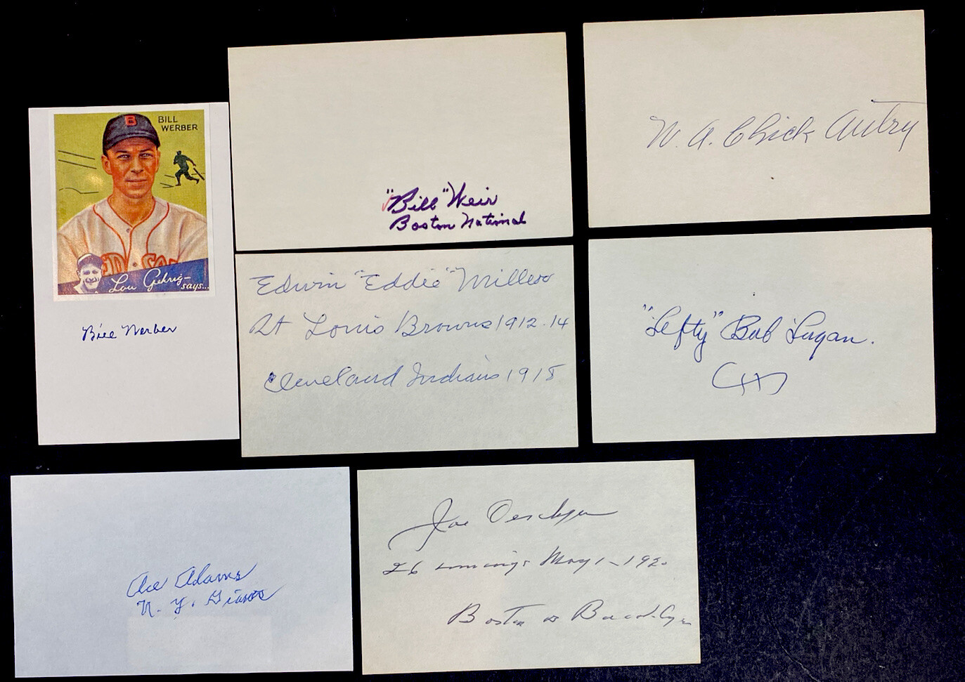 Lot of 7 Signed Index Cards Baseball Ace Adams Eddie Miller Joe ...
