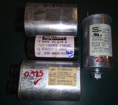 24OO08 ASSORTED CAPACITORS: (2) 0.91MF/2100V, 23.5/250, 160/110, VERY ...