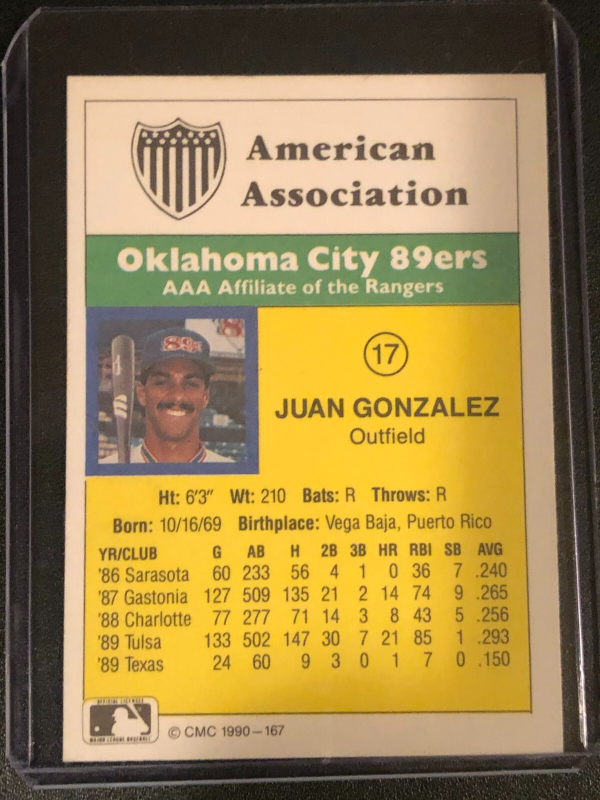 1990 CMC Juan Gonzalez Oklahoma City 89ers RC, Card #17 Minor League ...