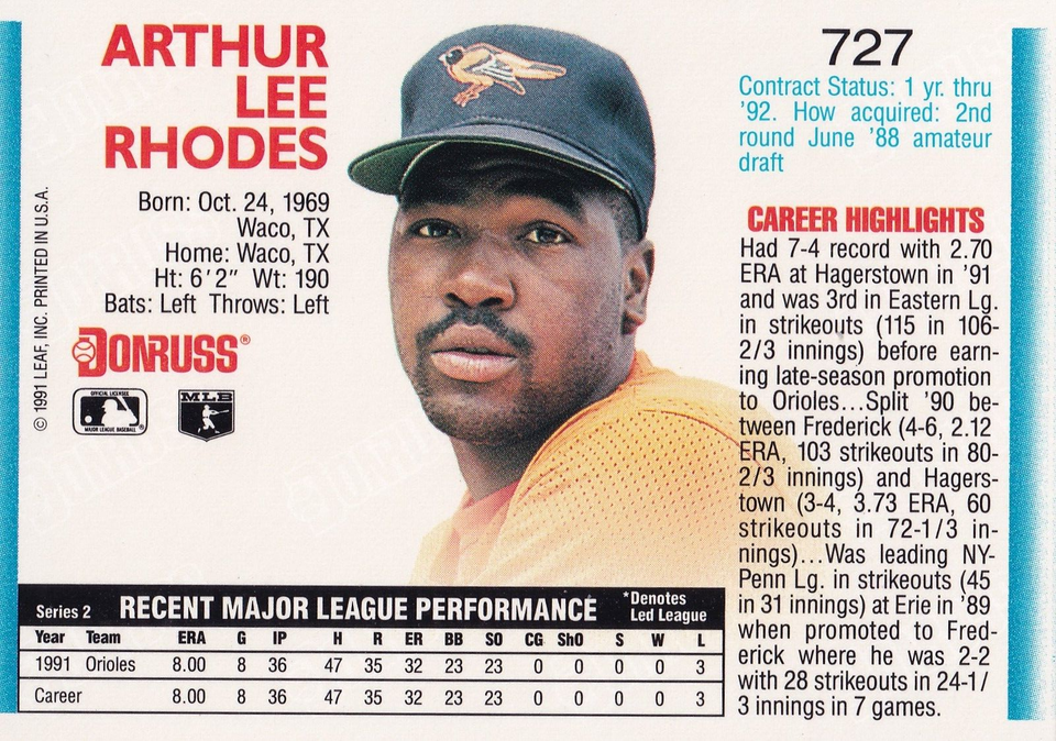 1992 Donruss #727 Arthur Rhodes Baltimore Orioles + (Yes 4 Free Mystery ...