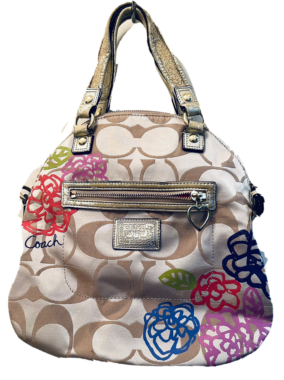 Coach Signature Poppy Daisy Satchel Tote Bag Golden F Gem