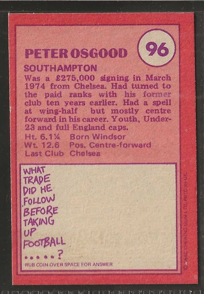 A&BC-FOOTBALL 1974 RED BACK RUB COIN-#096- SOUTHAMPTON - PETER OSGOOD ...