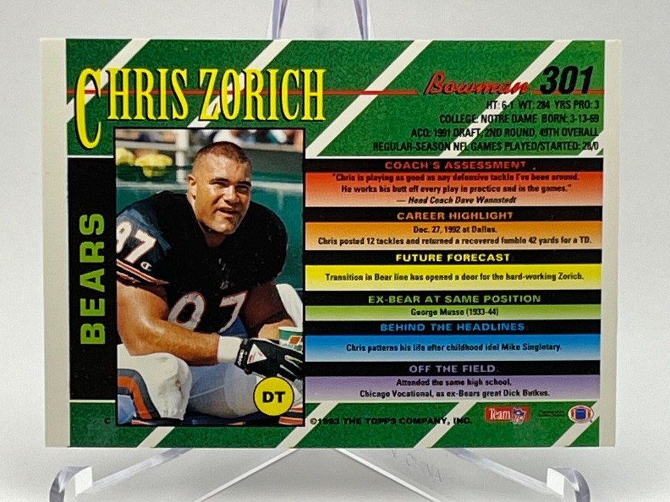 1993 Bowman NFL Football Card #301 Chris Zorich DT #97 Chicago Bears | eBay