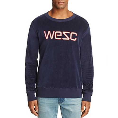 WeSC Miles Mens Navy Crewneck Logo Velour Streetwear Skate Sweatshirt ...
