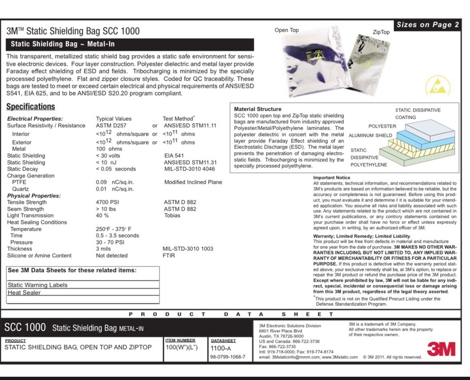 3M Anti Static Shielding Bags 4 x 6" Flat, Open Top, SC1000 (5count) | eBay