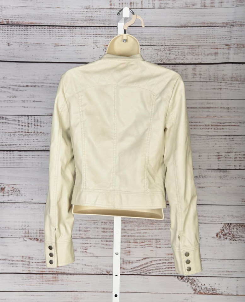 BCX Ivory Faux Leather Fitted Moto Jacket, Size 8 {EX+} | eBay