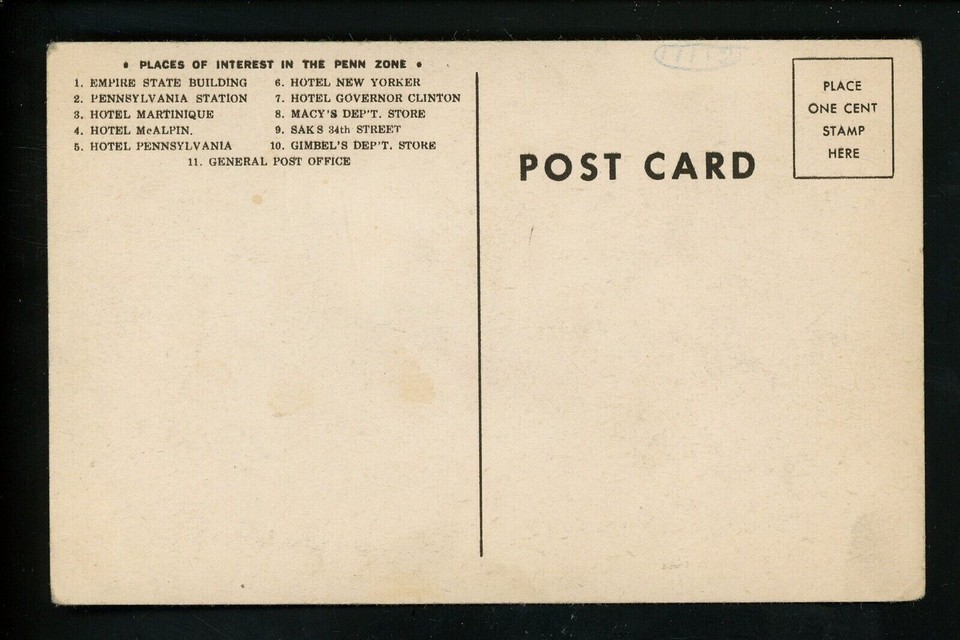 New York City NY postcard Penn Zone Building chart key on back Vintage ...