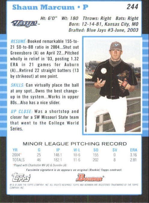 2005 Bowman Toronto Blue Jays Baseball Card #244 Shaun Marcum FY | eBay