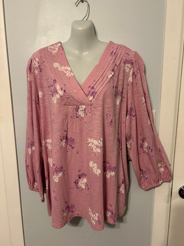 NWT Style&co Millie Pink Floral Multi V-Neck Top with 3/4 Sleeves Size ...