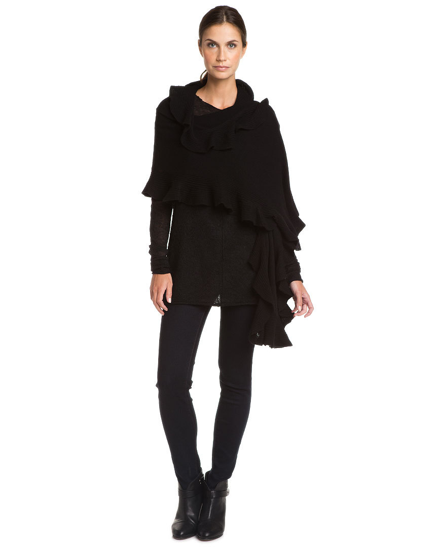 NWT Magaschoni ALL Ruffle Cashmere Wrap Shawl $388 Black Ivory MANY ...