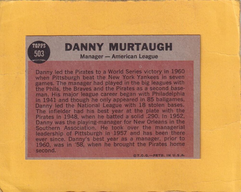 1962 Topps #503 Danny Murtaugh Pittsburgh Pirates EX+ Excellent+ MG ...