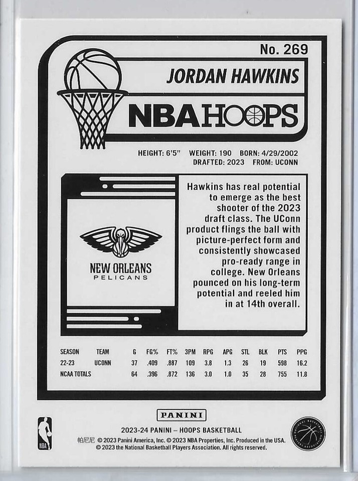 2023-24 Panini NBA Hoops Jordan Hawkins Rookie Card #269 New Orleans ...