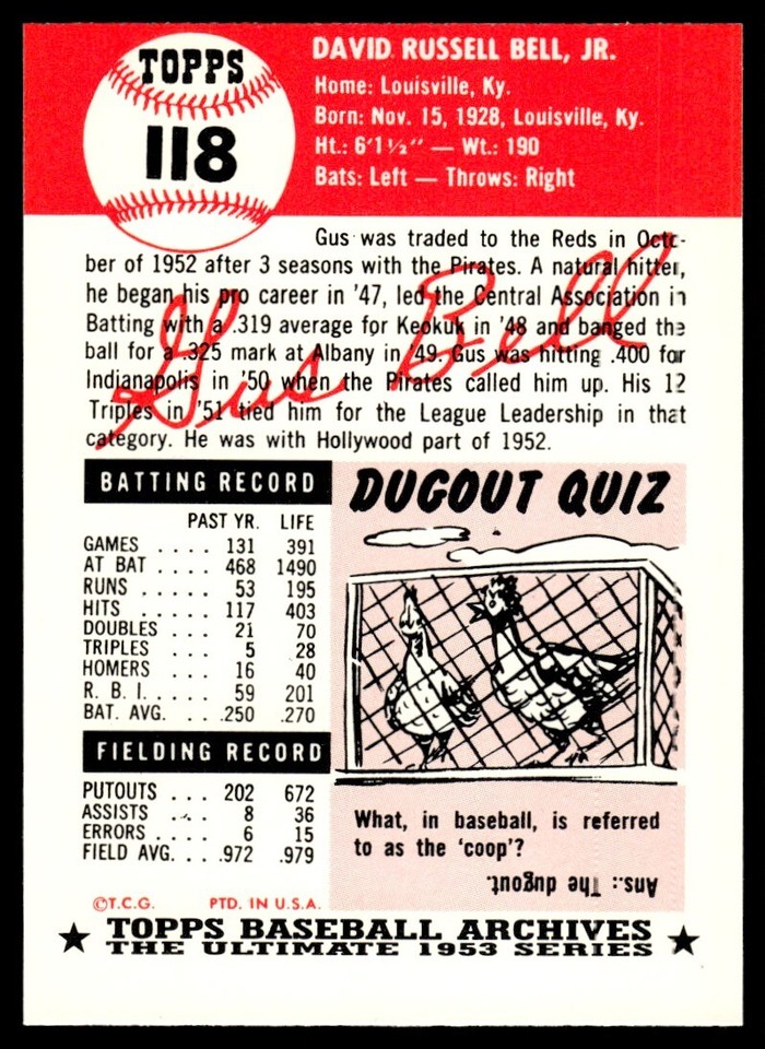 1991 Topps Archives 1953 Gus Bell Cincinnati Reds #118 | eBay