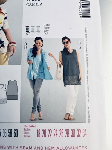 Burda 7098 Misses Flowy T-Shirt w/Sleeve Variations & Jacket Plus SZ 18 ...