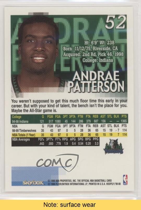 1999-00 Skybox NBA Hoops Sophomore Sensations Andrae Patterson #52 READ ...