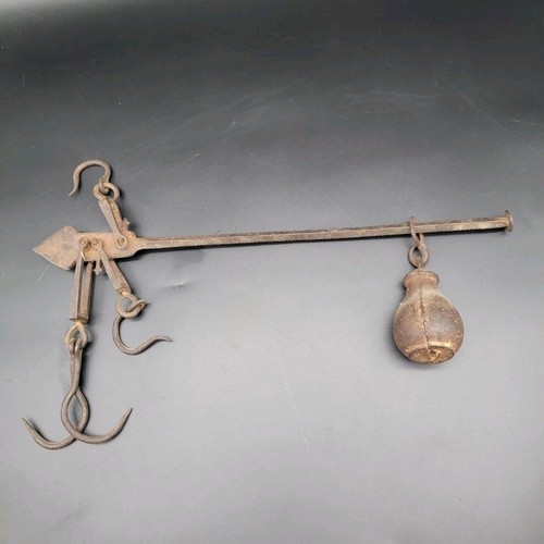 Antique Iron Steelyard Scale w/ Hanging Weight & Hooks Primitive Farm ...