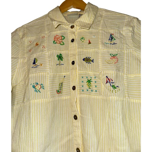 Koret Francisca Womens Button Down Shirt Yellow Embroidered Summer ...