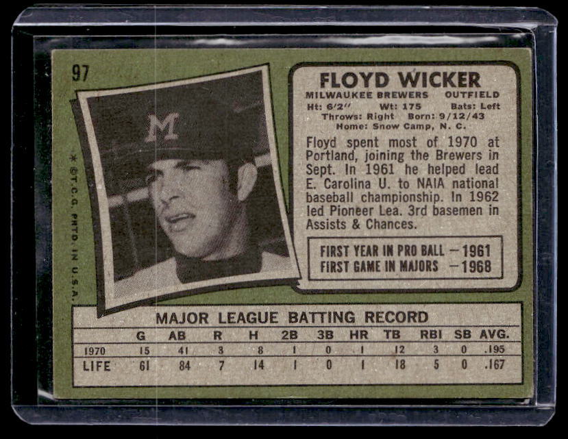 1971 Topps #97 Floyd Wicker Milwaukee Brewers EX Baseball Card *A512 | eBay