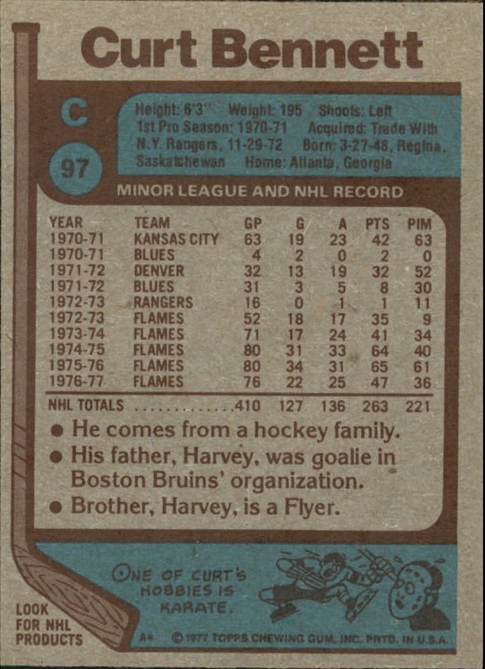1977-78 Topps Atlanta Flames Hockey Card #97 Curt Bennett - EX-MT | eBay