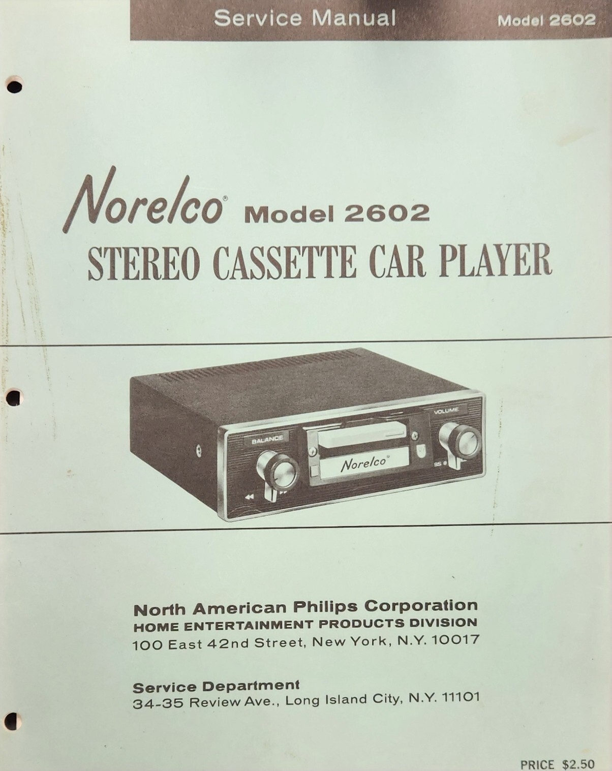 Norelco Model 2602 Stereo Cassette Car Player Service Manual | eBay