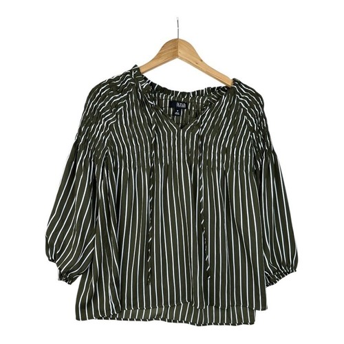 ana Top Size M Olive Green Striped Smocked Tie Neck Blouse 3/4 Sleeve ...