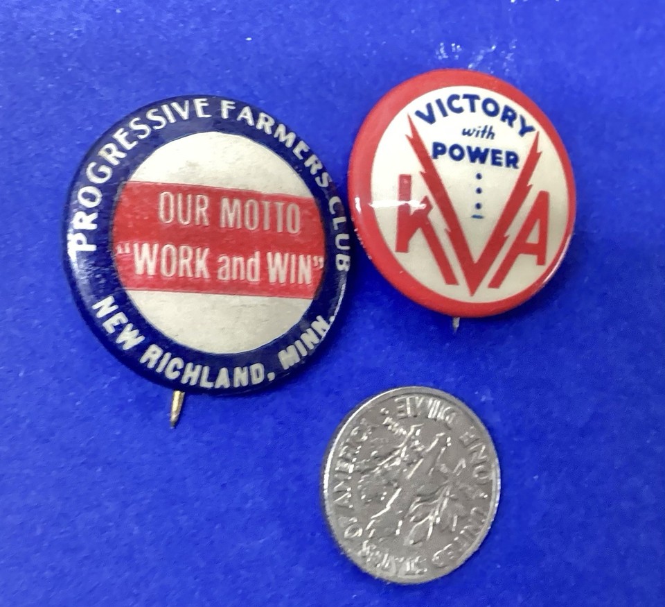 2 WWII HOME FRONT PINS PROGRESSIVE FARMER NEW RICHLAND MN + KA ELECTRIC ...
