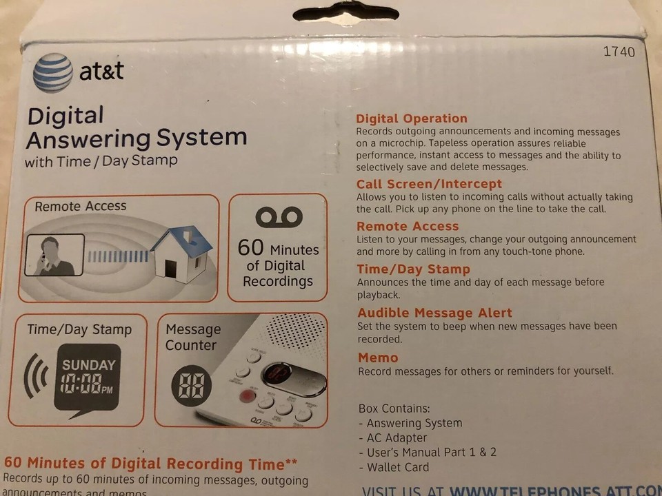 At&t Digital Answering Machine 1740 White Time Day Stamp Message Alert ...