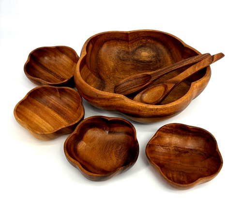 Vintage Monkey Pod Philippines Wood Salad Bowl 7 Piece Set Scallop ...