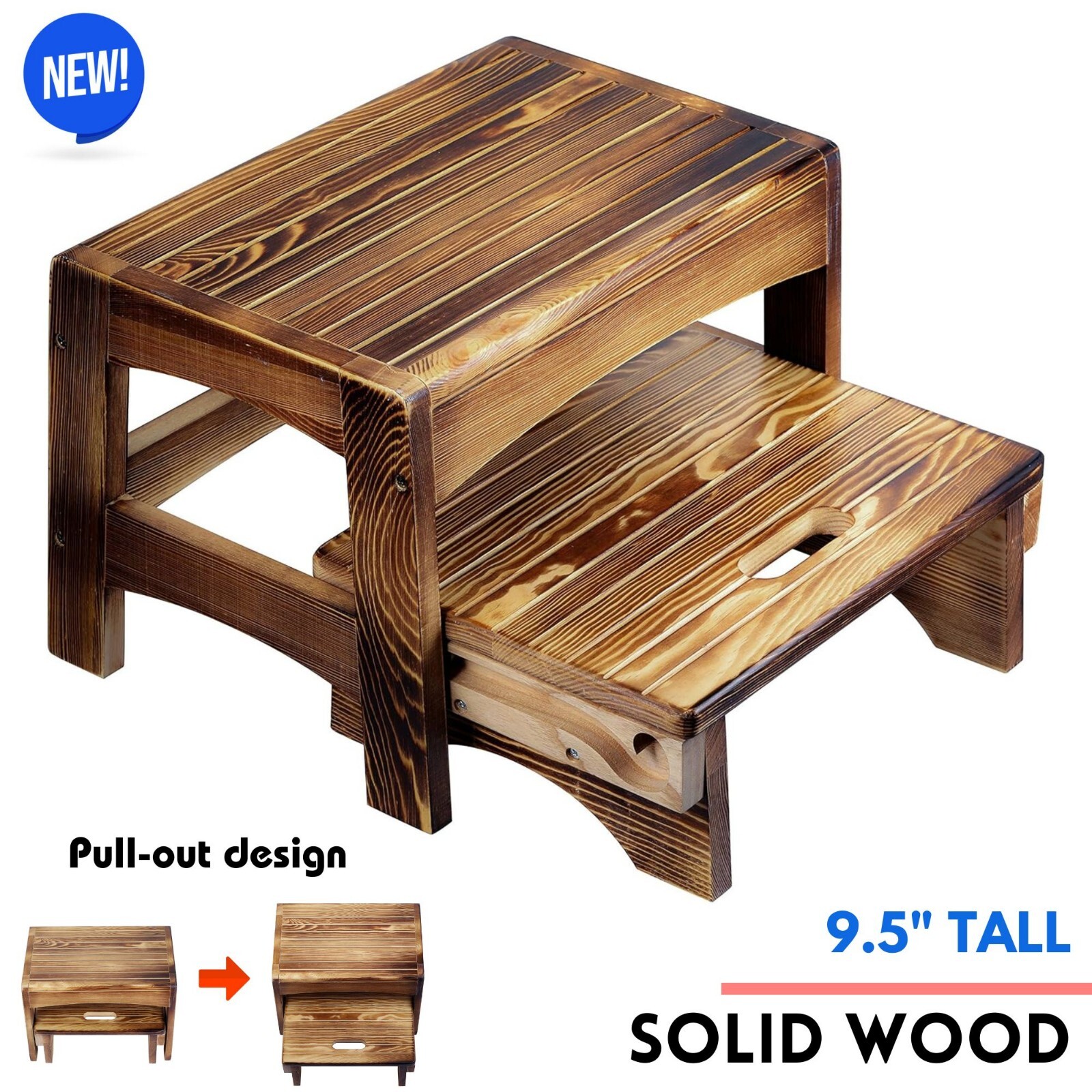 Solid Burned Wood High Bed Step Stool Foot Stool for Bedside Bathroom ...