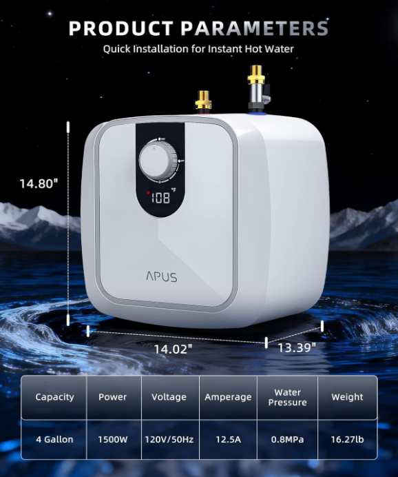 APUS 4 Gallon Electric Mini-Tank Water Heater,Small Under Sink Water ...