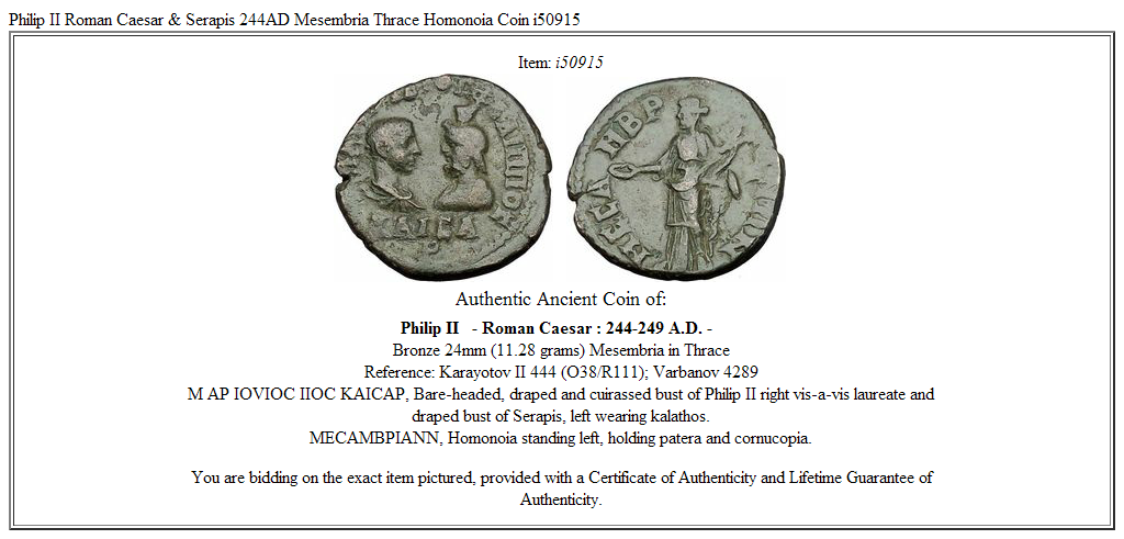 Philip II Roman Caesar & Serapis 244AD Mesembria Thrace Homonoia Coin ...