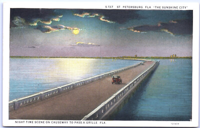 Postcard FL Night Time Moonlight on Causeway to Pass-A-Grille Florida ...