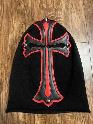 RARE CHROME HEARTS CASHMERE RED CROSS MASK BEANIE - Gem