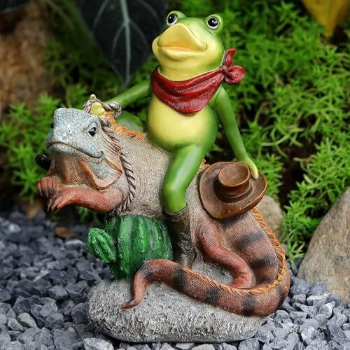 Funny Garden Statue Cowboy Frog Decor Figurine Frog Riding Red Frog ...