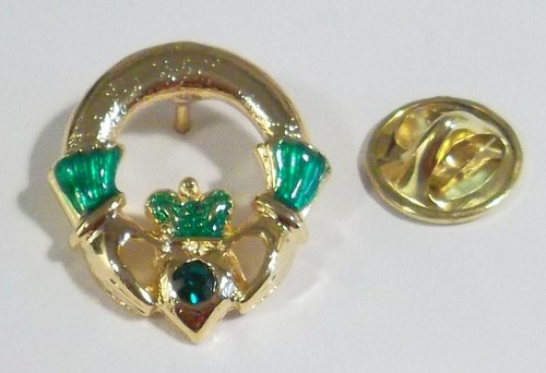 Irish Claddagh Pin With Green Crystal Stone in Gold Plate St Patricks ...