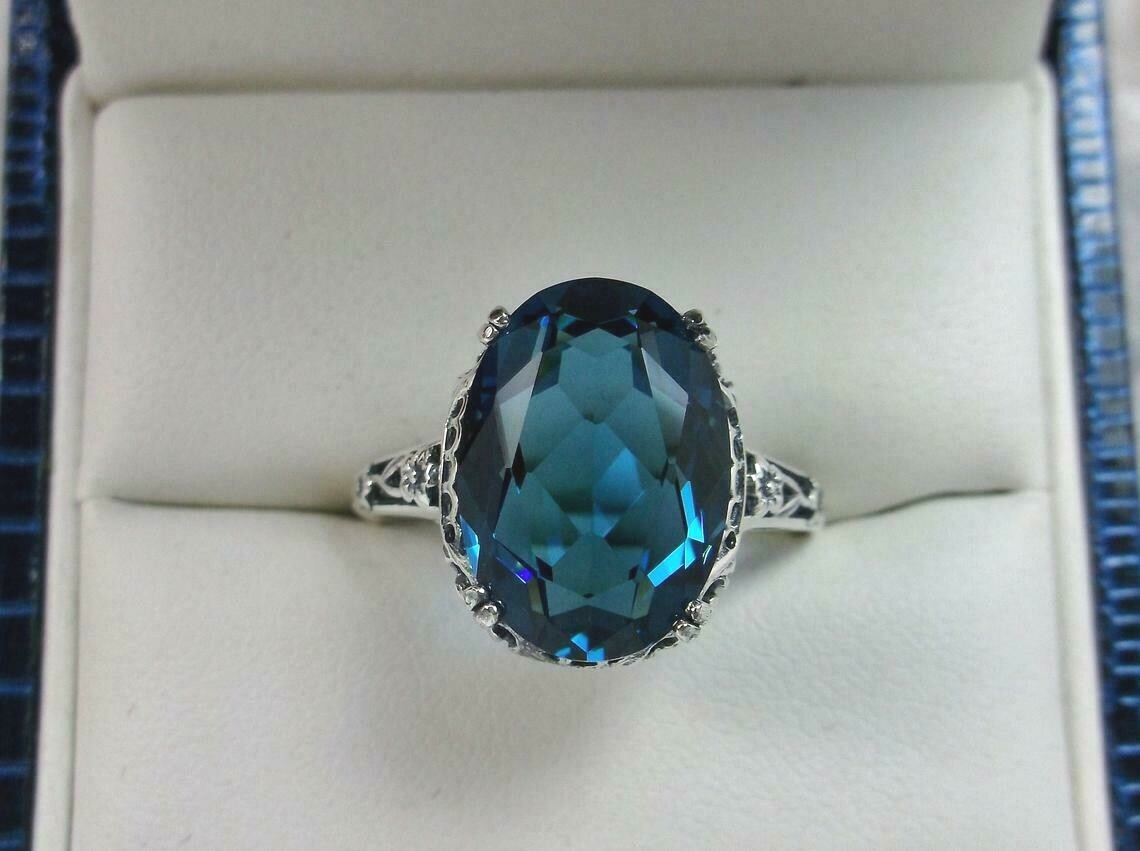 London Blue Oval 6ct Simulated Gem Ring Sterling Silver Filigree ...