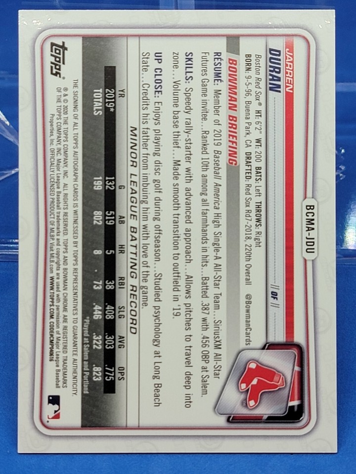 JARREN DURAN 2020 BOWMAN CHROME RC AUTO MOJO REFRACTOR #BCMA-JDU RED ...