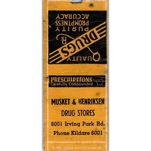 Musket & Henriksen Drug Stores 6001 Irving Park Rd Vintage Matchbook ...