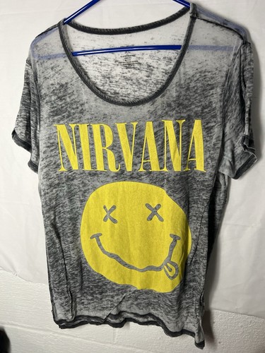 Nirvana Woman’s XL Yellow Smiley Face Burn Out Sheer Grey See Through ...