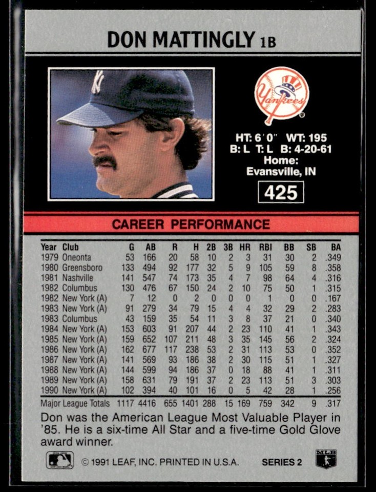 1991 Leaf #425 Don Mattingly Baseball Card 1401C | eBay UK