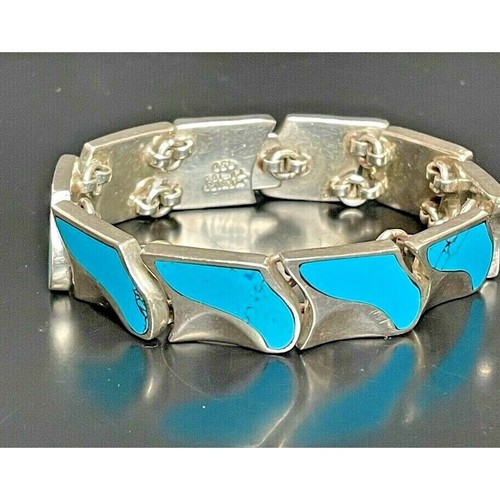 TAXCO MODERNIST 925 STERLING SILVER TURQUOISE INLAID BRACELET SKY | eBay